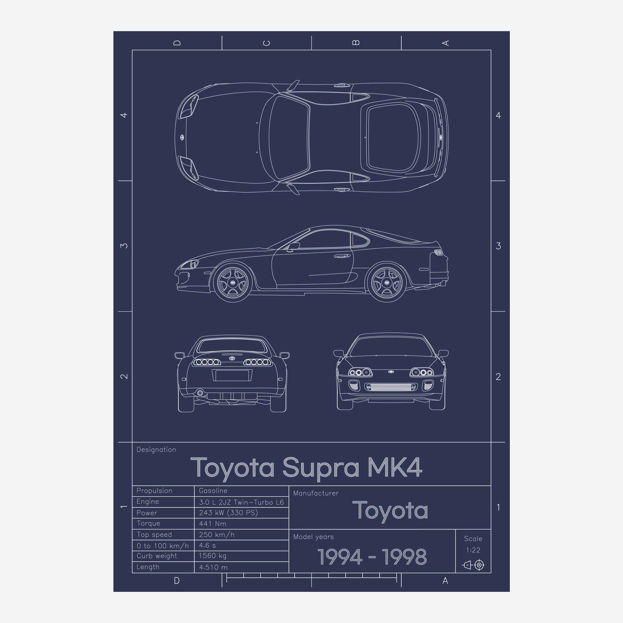 Toyota Supra MK4 Decorative Blueprint | Orowan – Orowan Studio